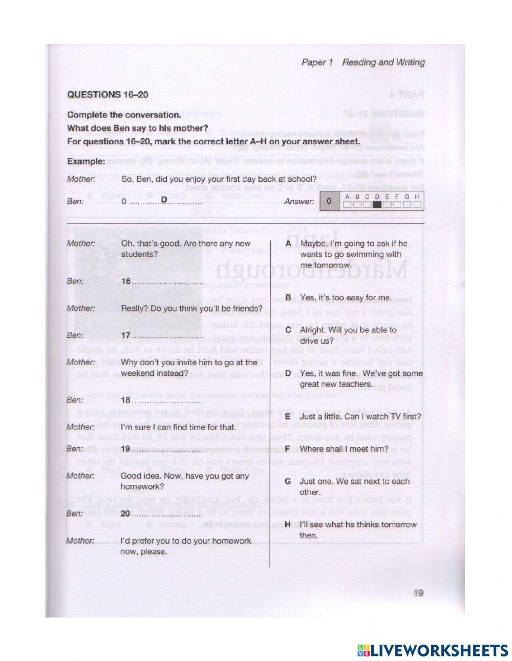 KET - Reading - 7-1 worksheet | Live Worksheets