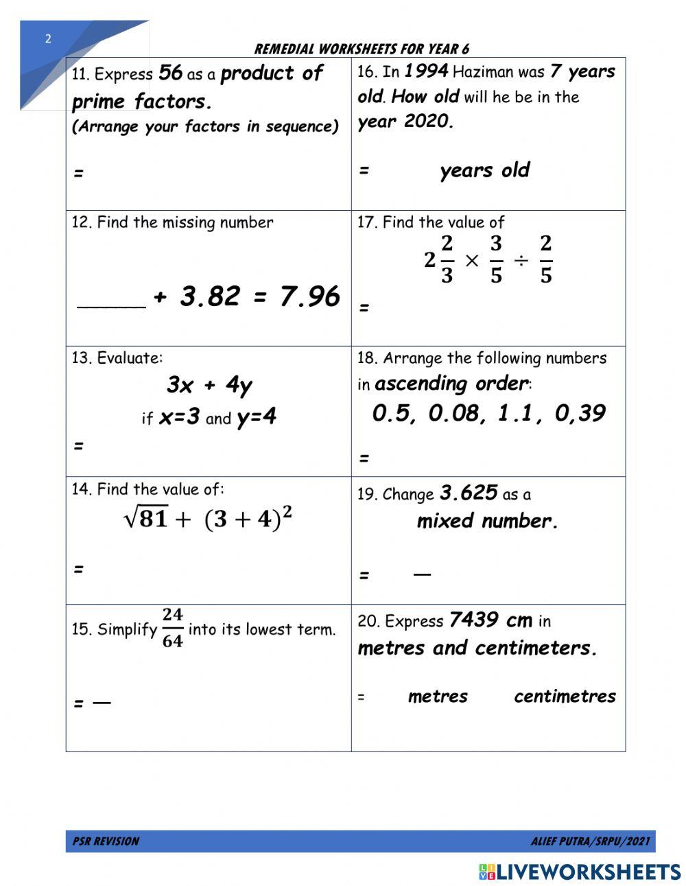 Psr revision 23 worksheet | Live Worksheets