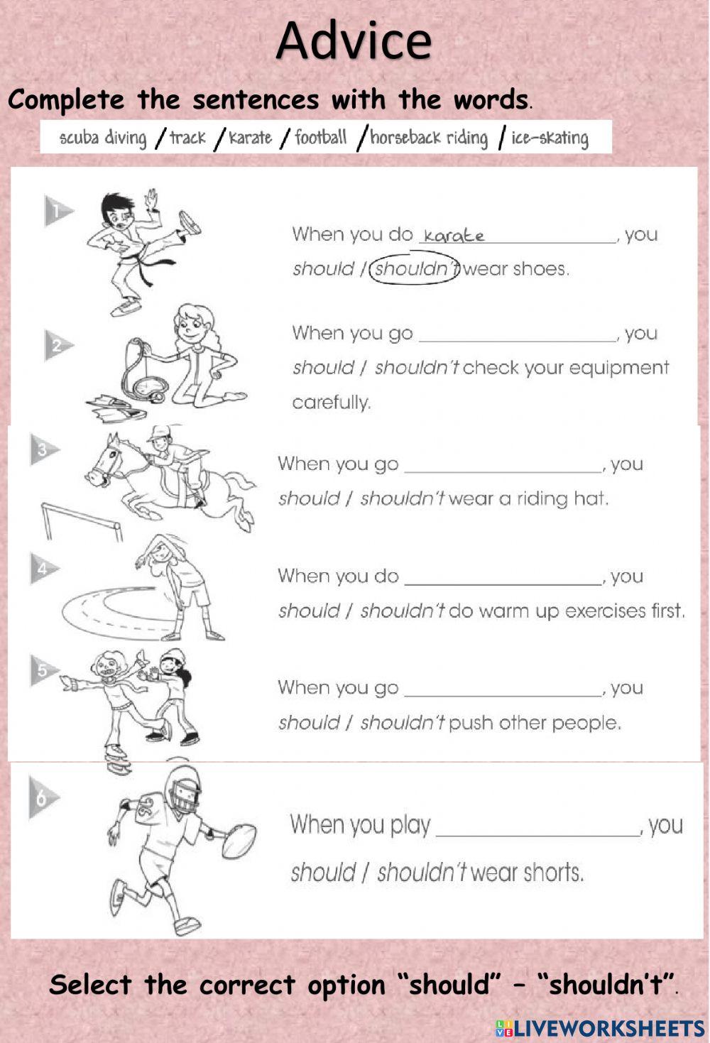 Advice and spots worksheet | Live Worksheets