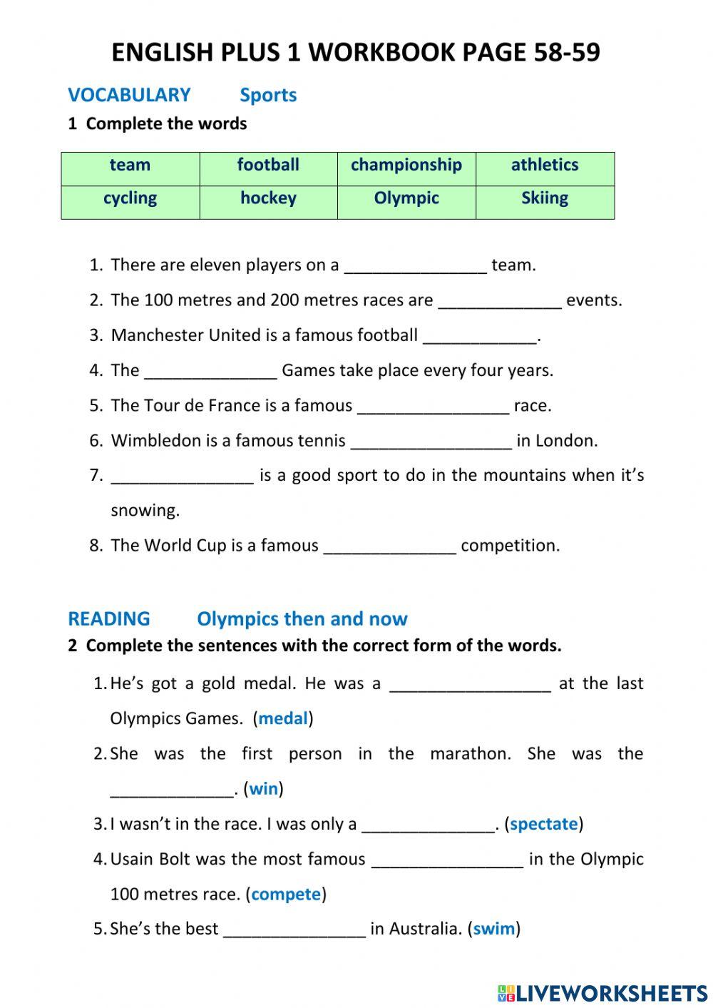 English plus 1 WB page 58-59 worksheet | Live Worksheets