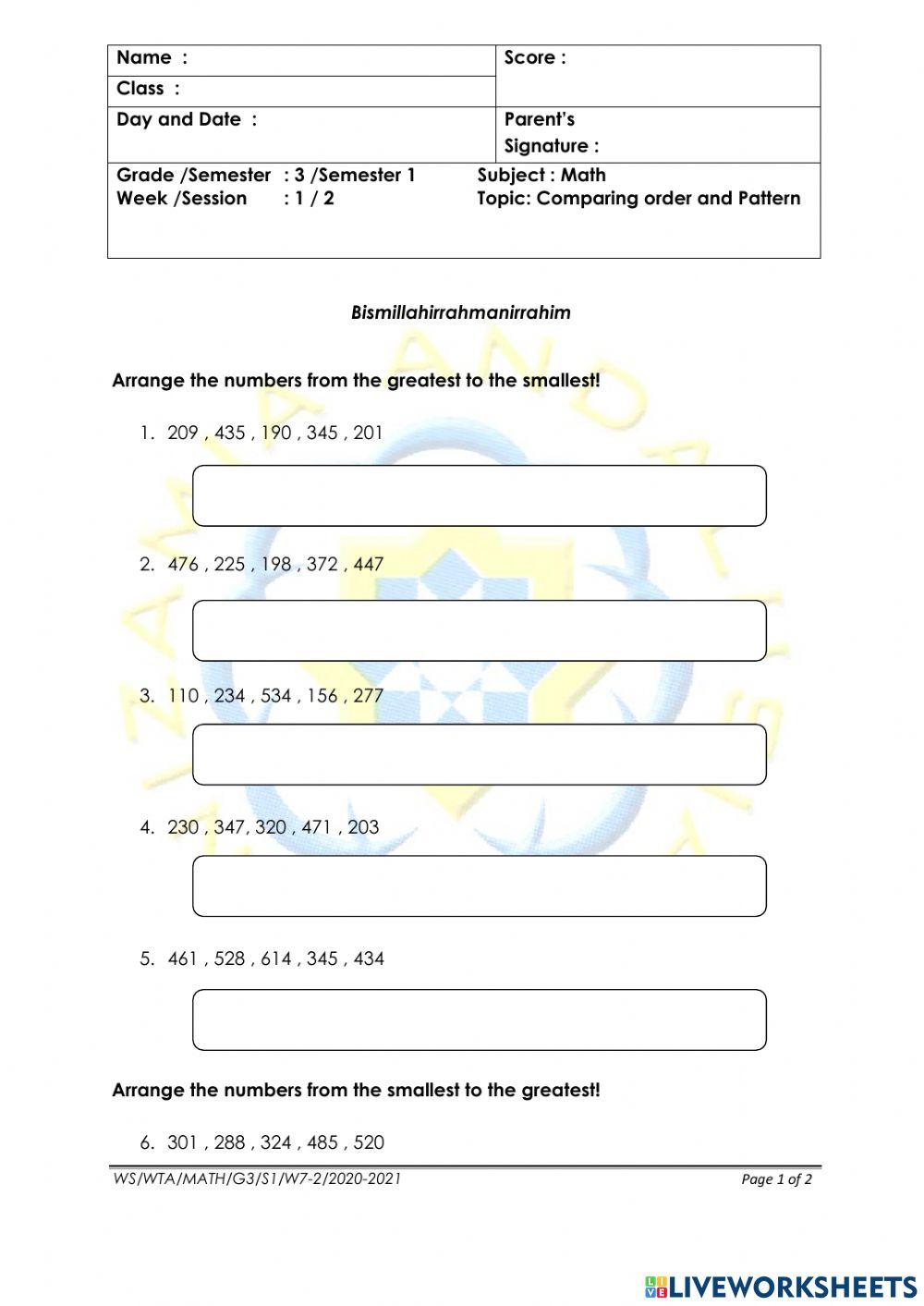 Comparing and Ordering Numbers interactive exercise | Live Worksheets