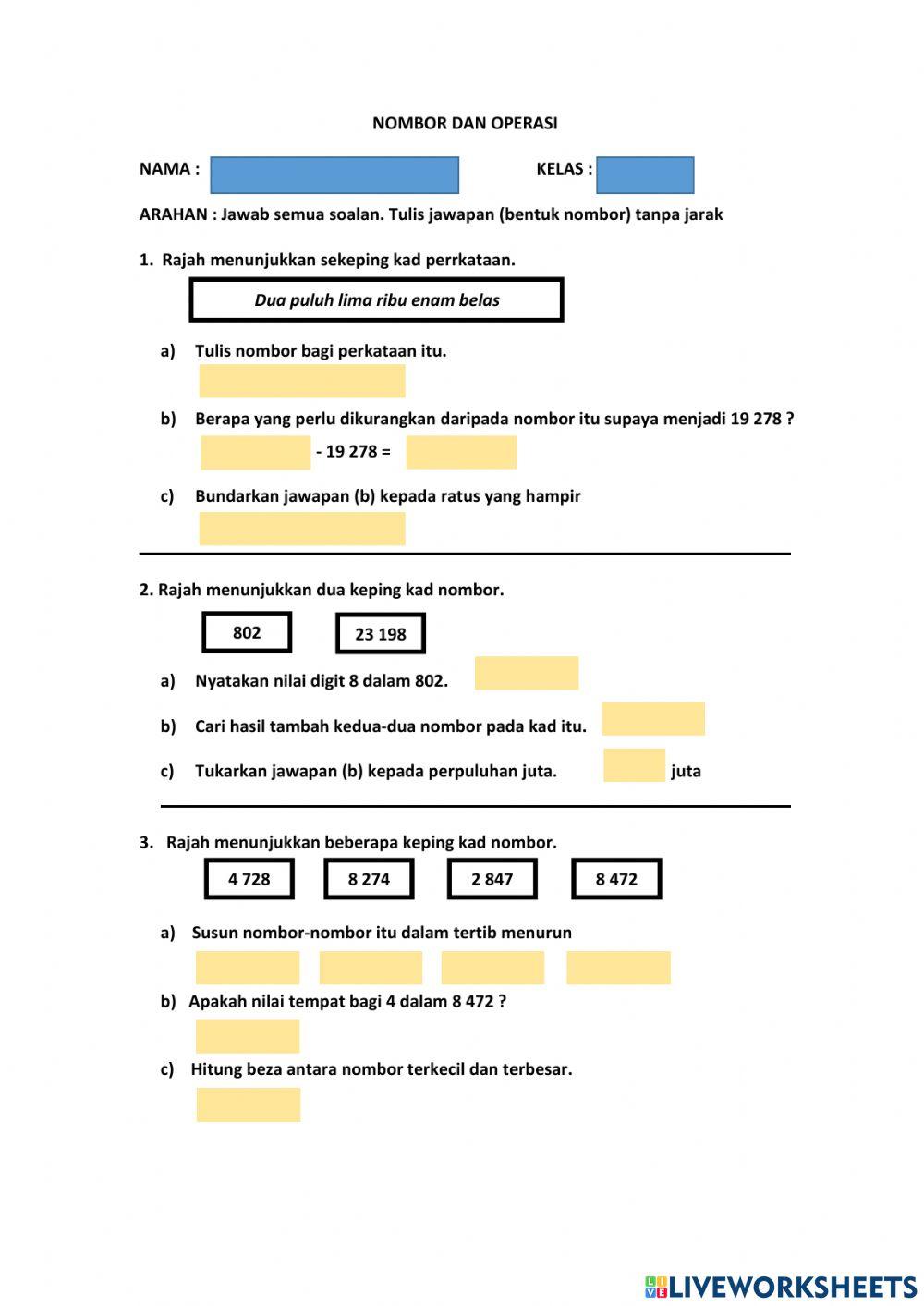 Nombor dan operasi exercise for Tahap 2 | Live Worksheets