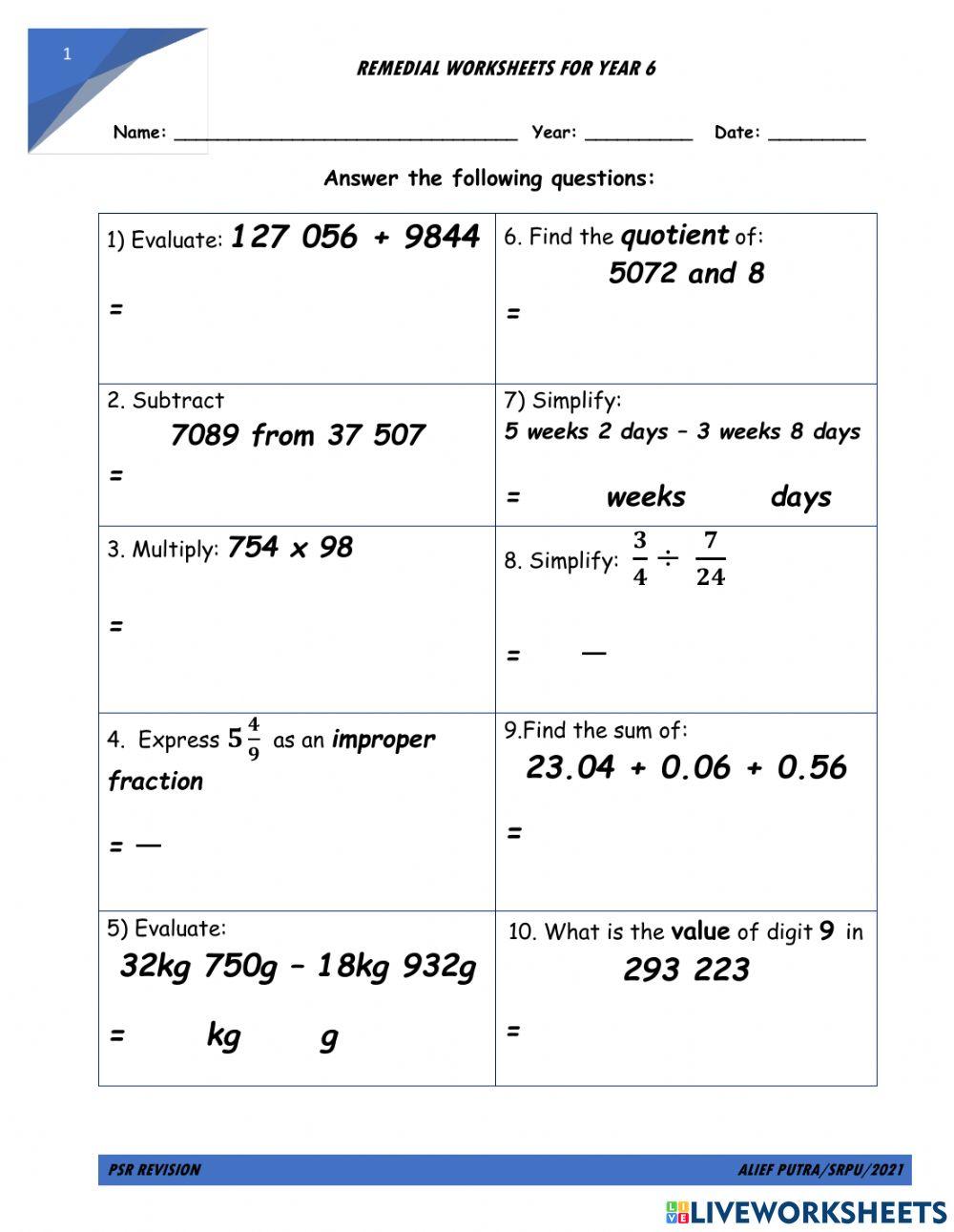 Psr revision 25 worksheet | Live Worksheets