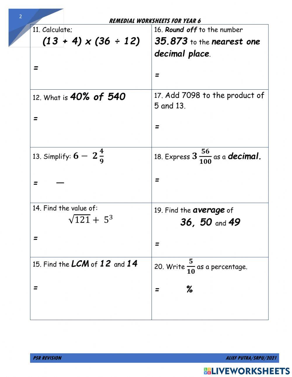 Psr revision 25 worksheet | Live Worksheets