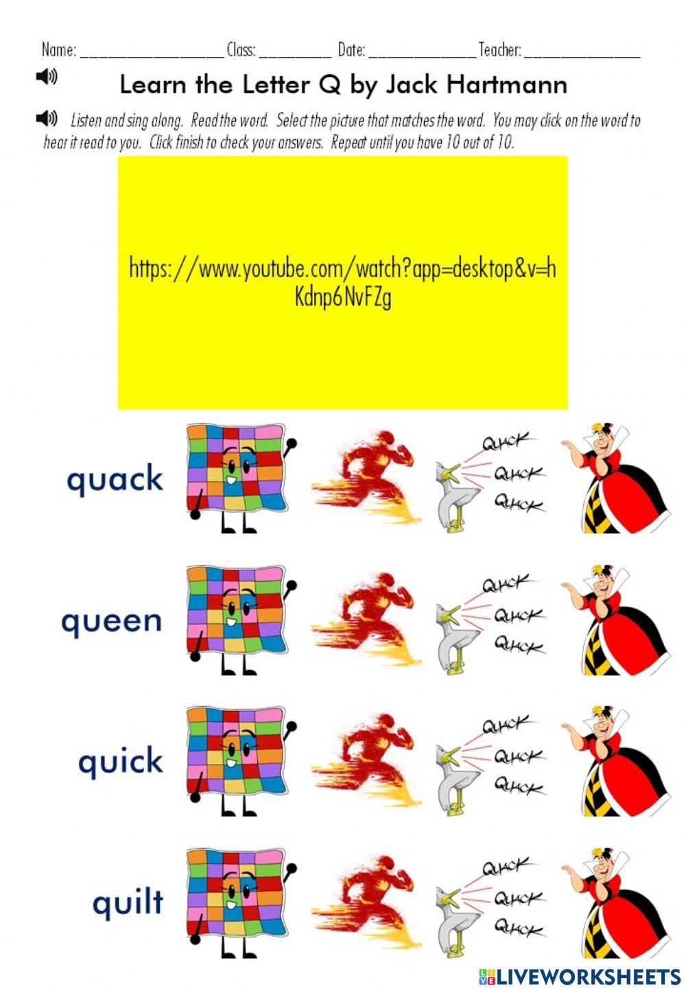 Meet the Digraph Qu! - Learn the Letter Q by Jack Hartmann worksheet ...