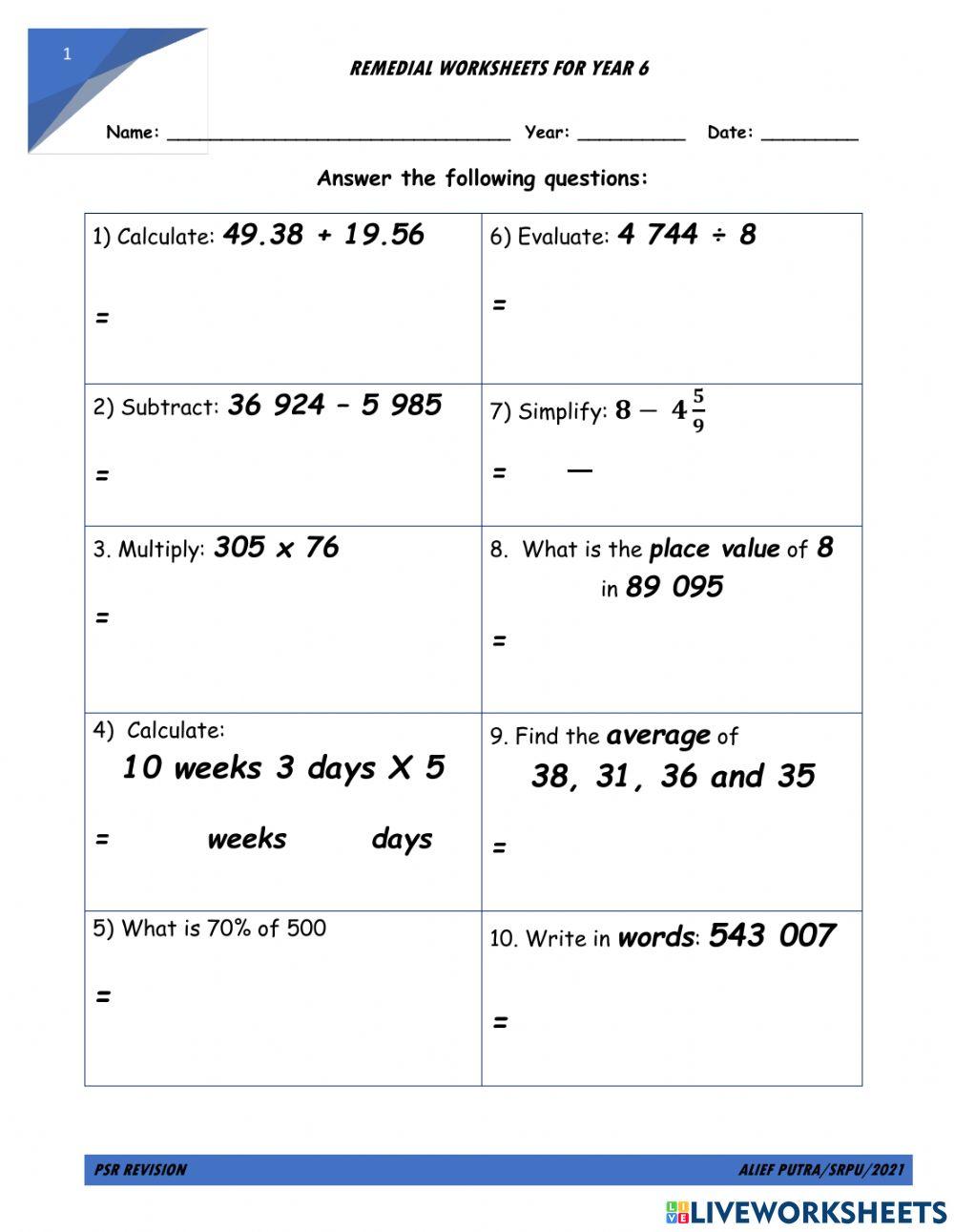 Psr revision 27 worksheet | Live Worksheets