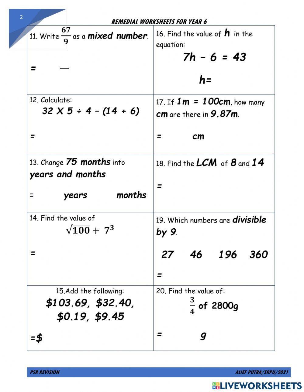 Psr revision 27 worksheet | Live Worksheets