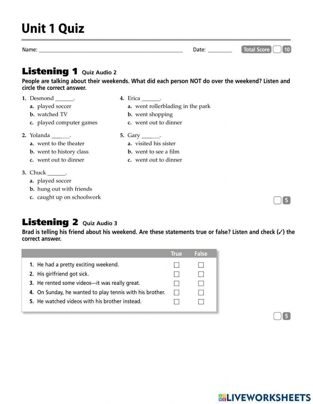 Quiz 1 (conversation) worksheet | Live Worksheets