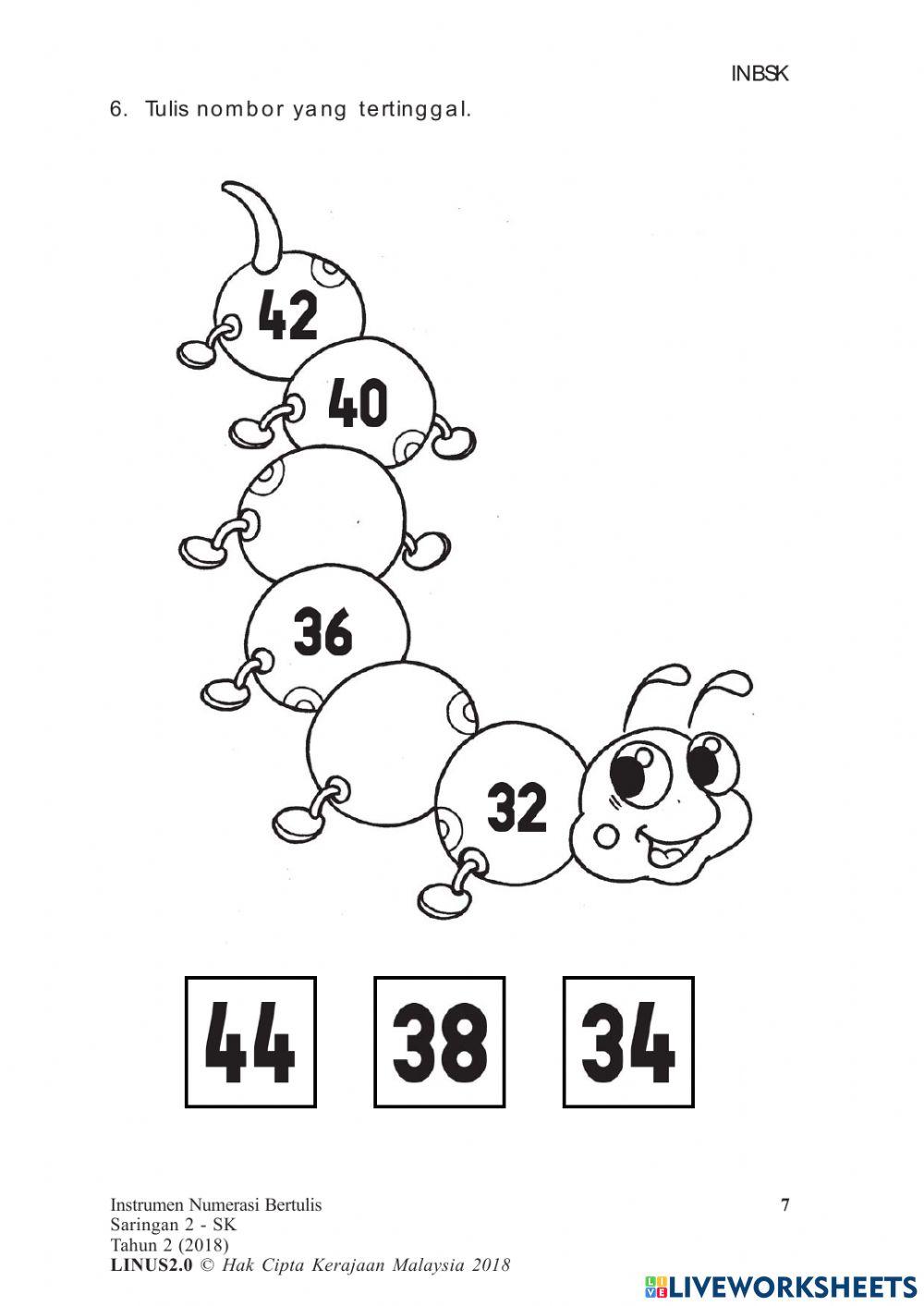 Saringan NUMERASI TAHUN 2 worksheet | Live Worksheets