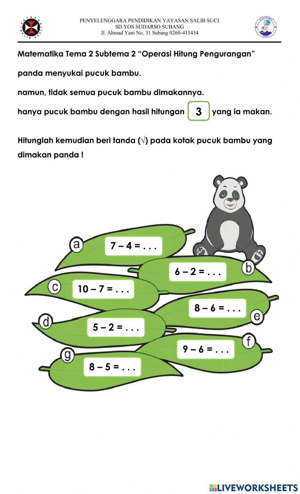 Matematika Tema 2-Operasi Hitung Pengurangan worksheet | Live Worksheets