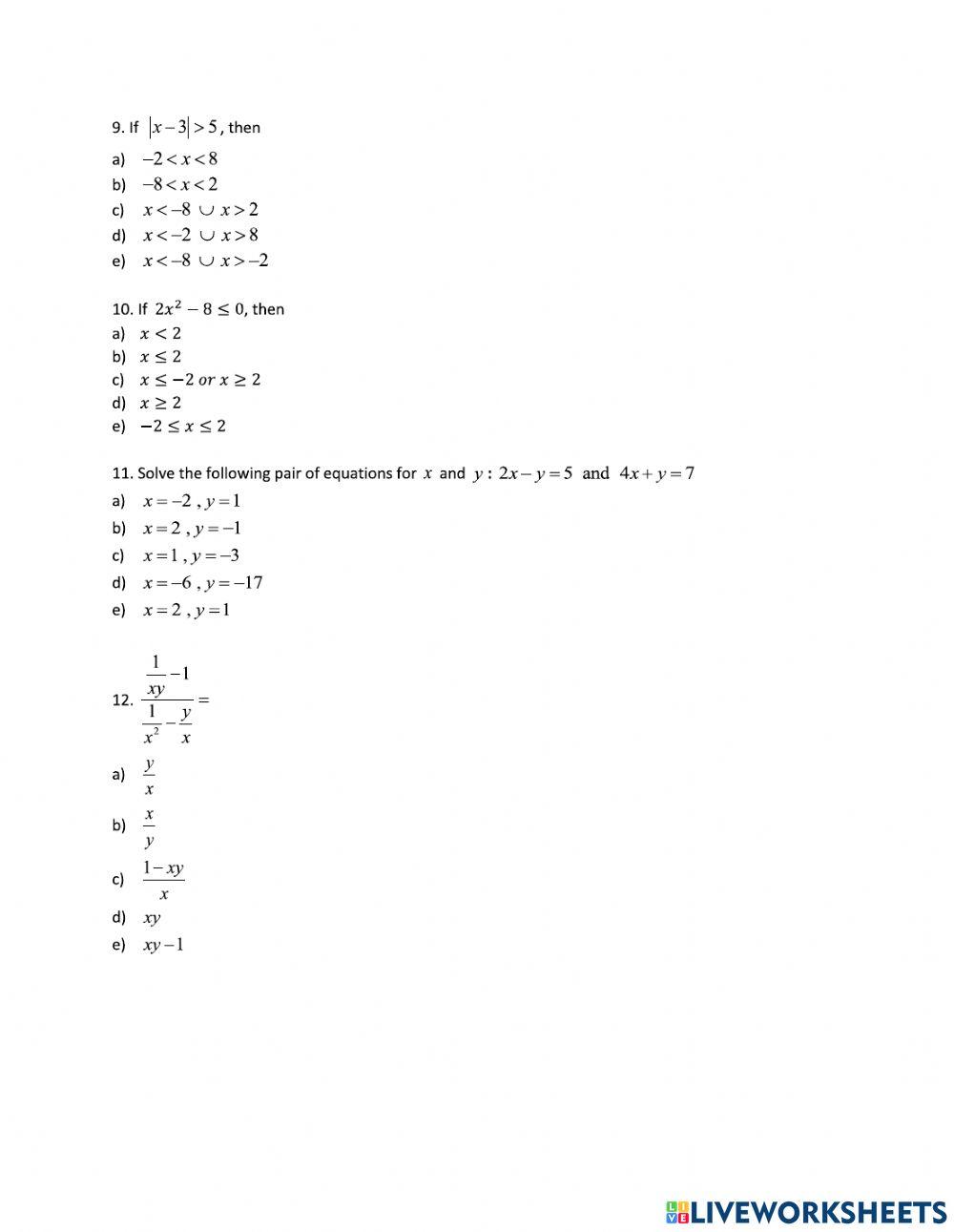 Calculus 1 - Diagnostic Test worksheet | Live Worksheets