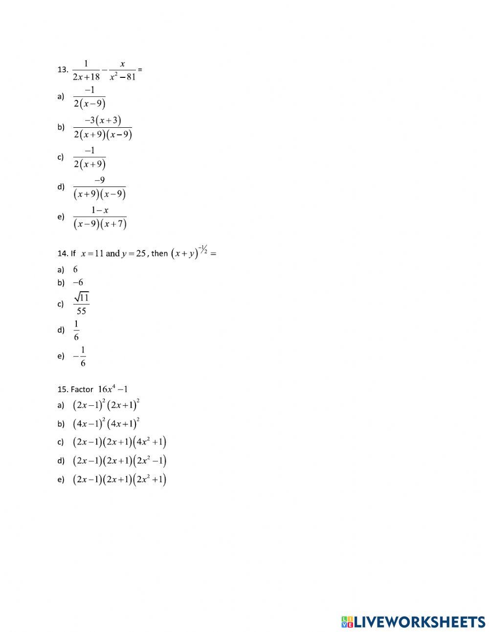 Calculus 1 - Di… | Free Interactive Worksheets | 1339034