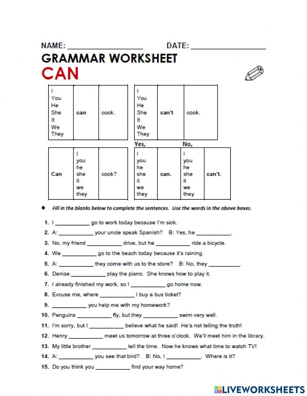 Modal Verb Can - Can't 7º Ano online exercise for | Live Worksheets