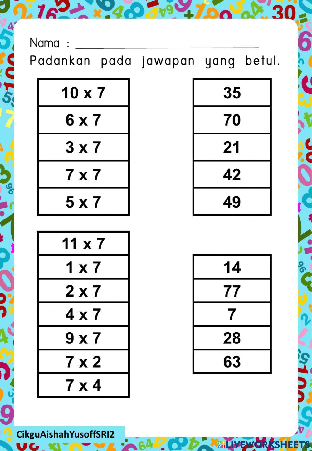1339429 | Latihan Darab Sifir 7 | CikguAishah17