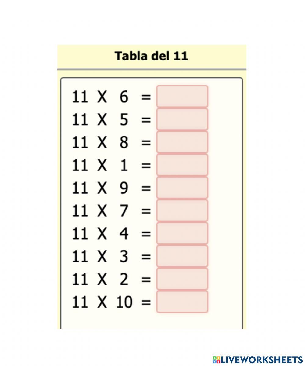 Calculo mental tabla del 11 worksheet | Live Worksheets