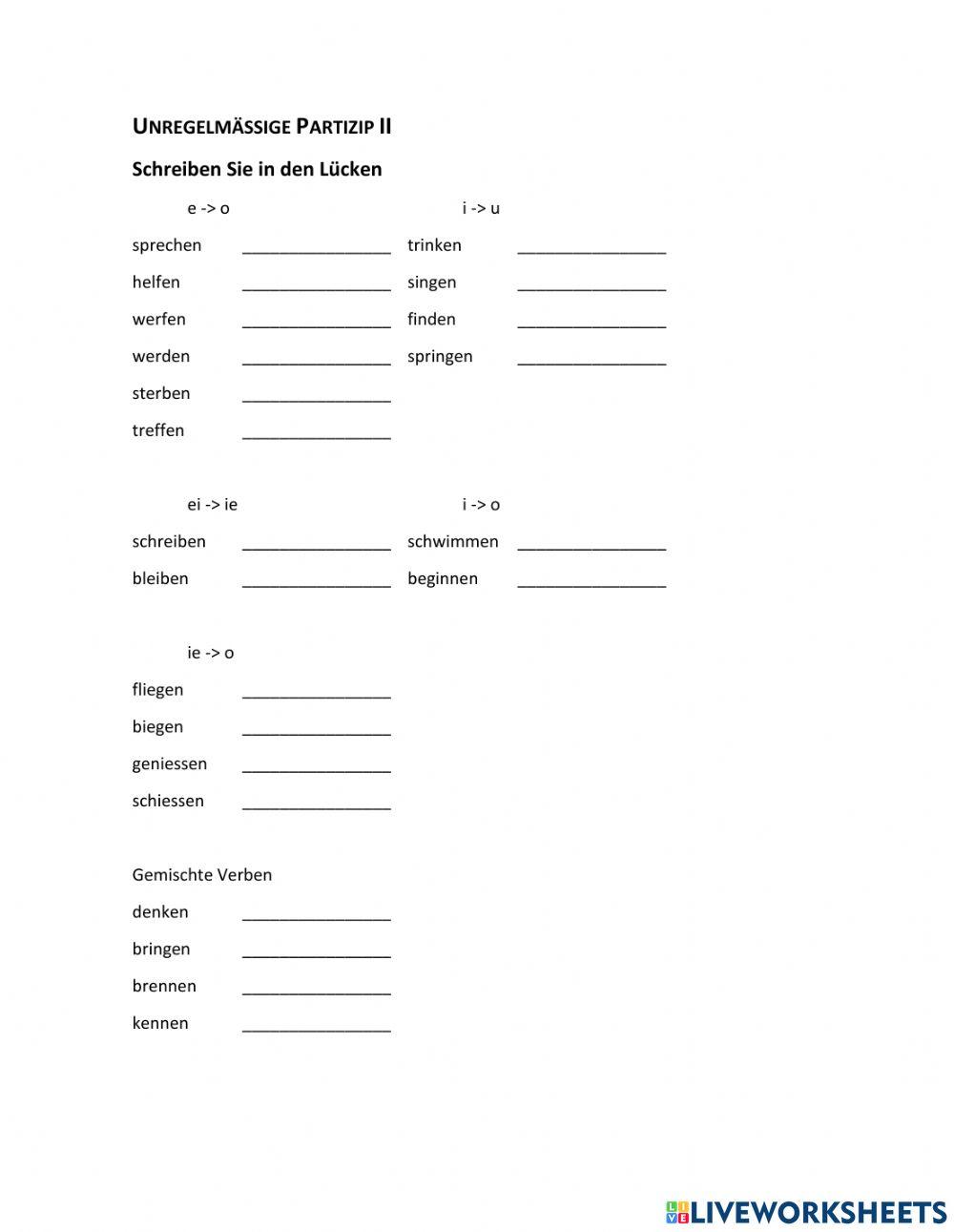Unregelmässiges Partizip II worksheet | Live Worksheets