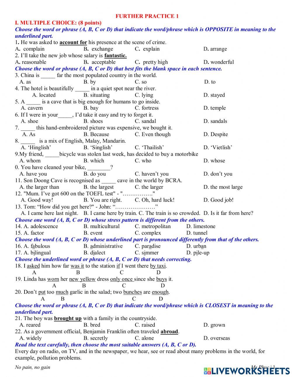 L1-FURTHER PRACTICE 1 online exercise for | Live Worksheets
