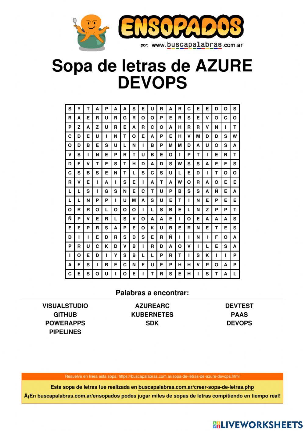 Sopa de letras - Azure DEV worksheet | Live Worksheets