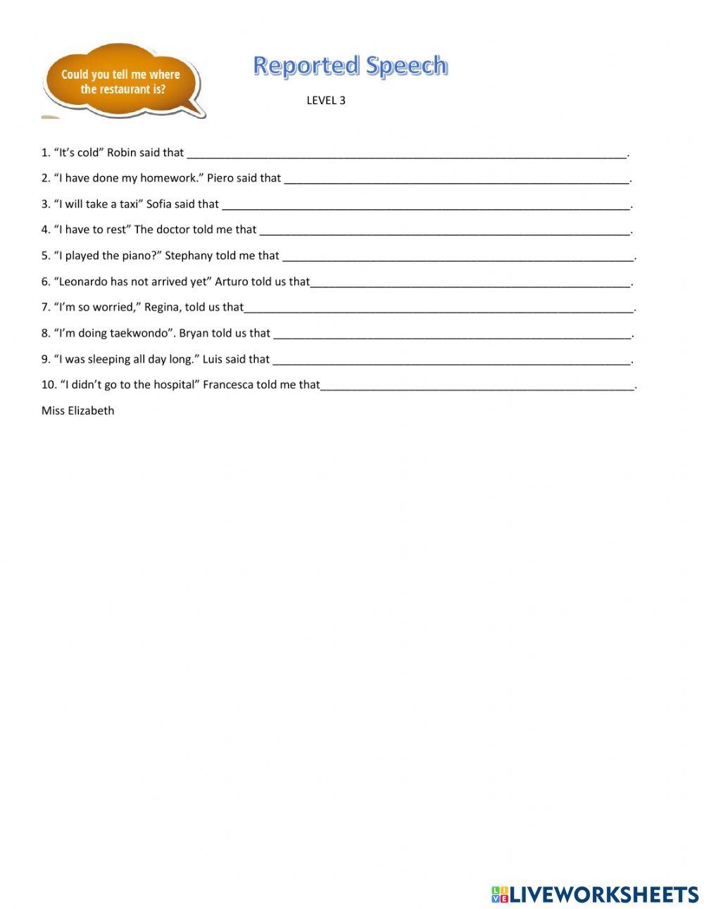 Reported speech online exercise for LEVEL 3 | Live Worksheets