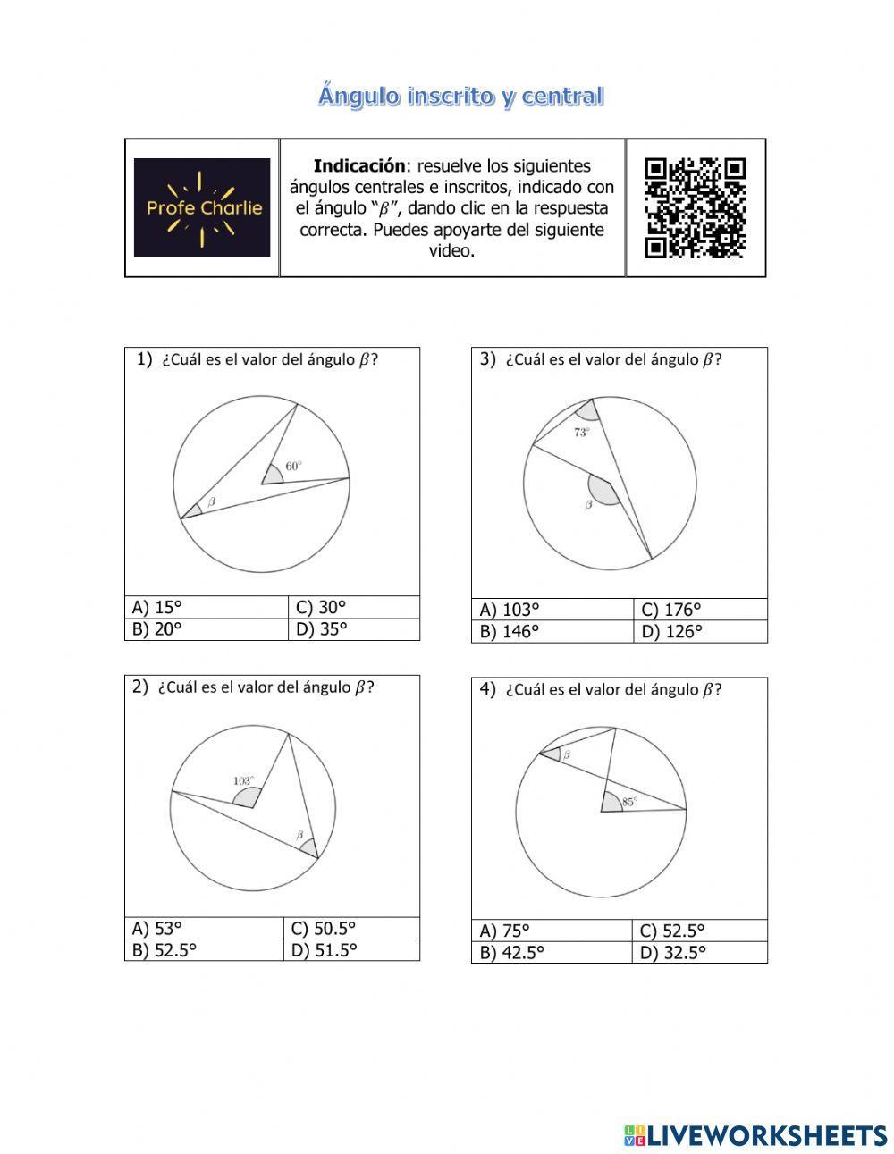 Hoja De Trabajo De Geometría Con ángulos Inscritos, Respuestas