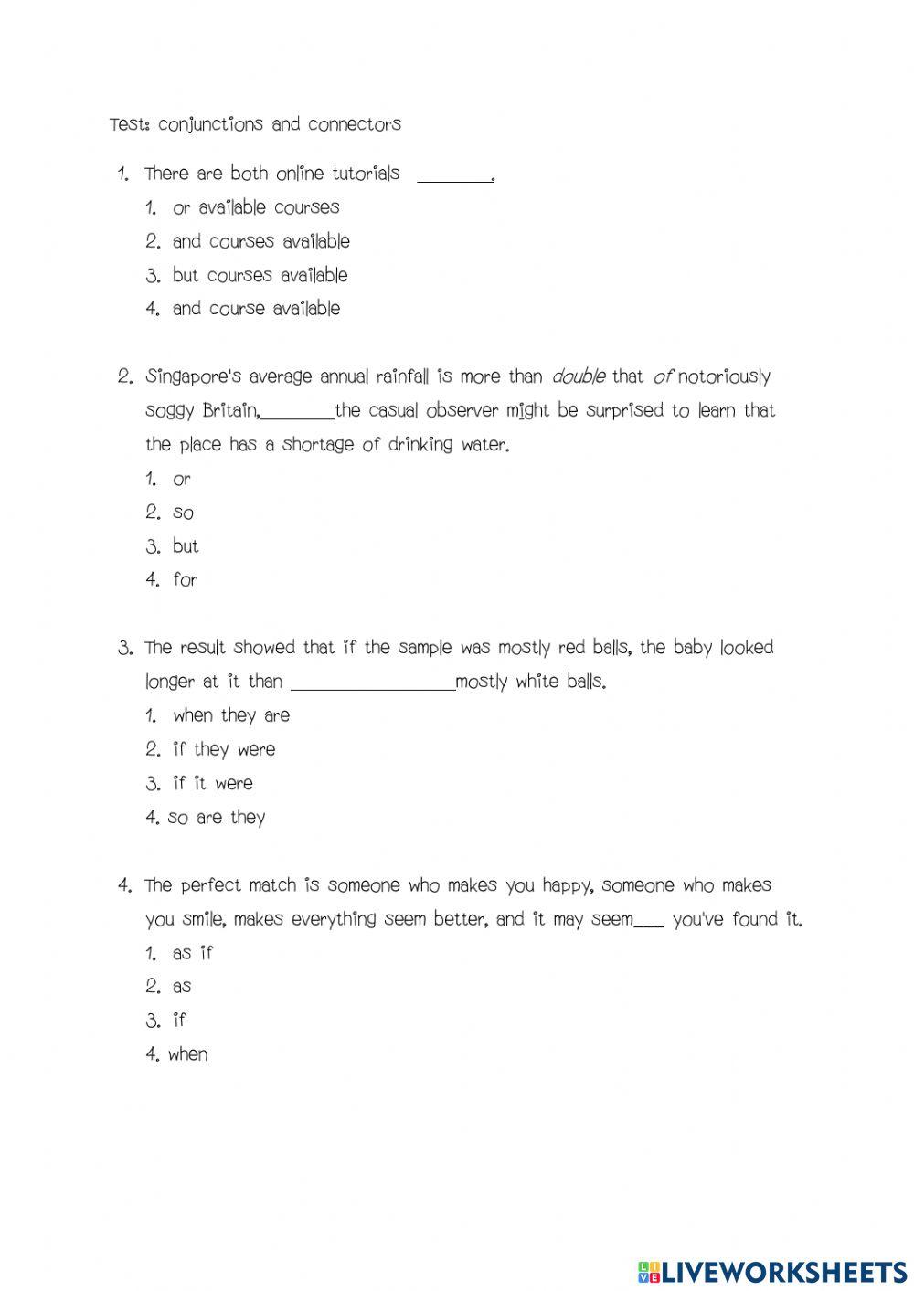 Test conjunctions and connectors m.5-6 worksheet | Live Worksheets