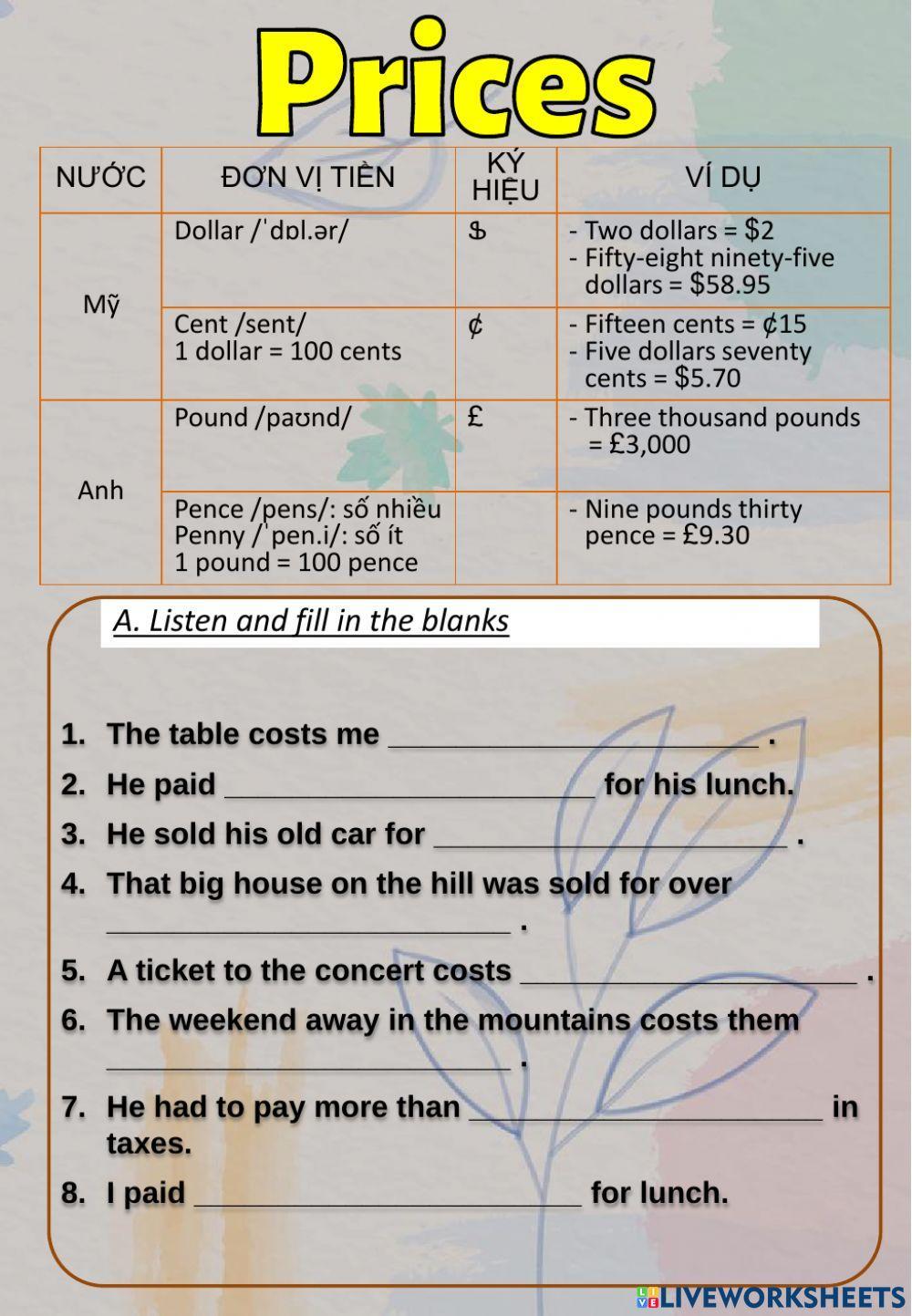 Prices interactive exercise for 5 | Live Worksheets