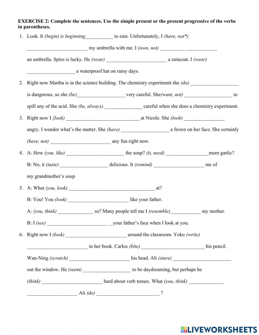 12-Present tenses-Exercise 2 worksheet | Live Worksheets