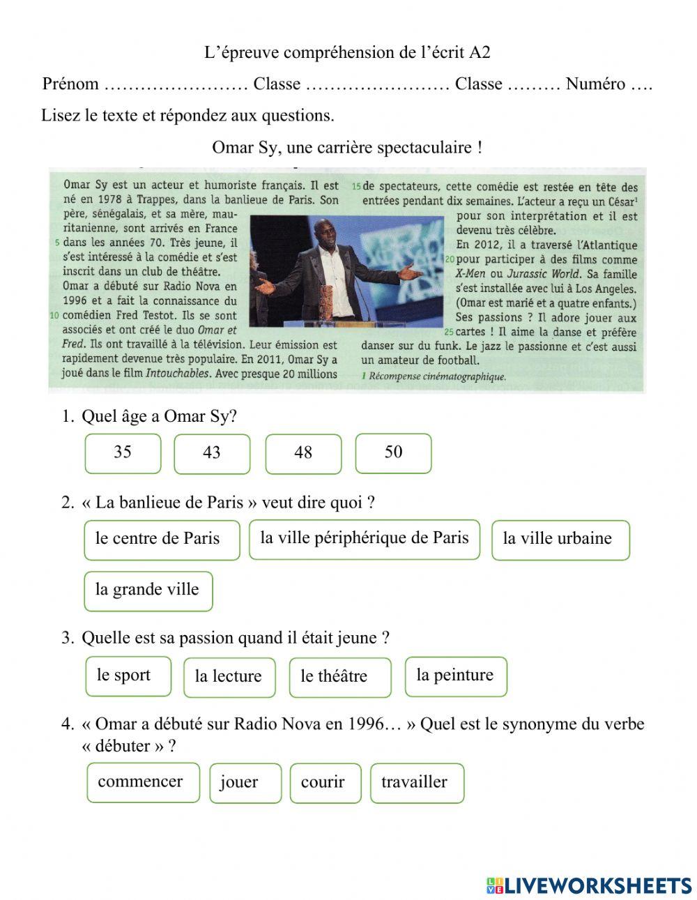 Omar Sy, une ca… | Free Interactive Worksheets | 1378548