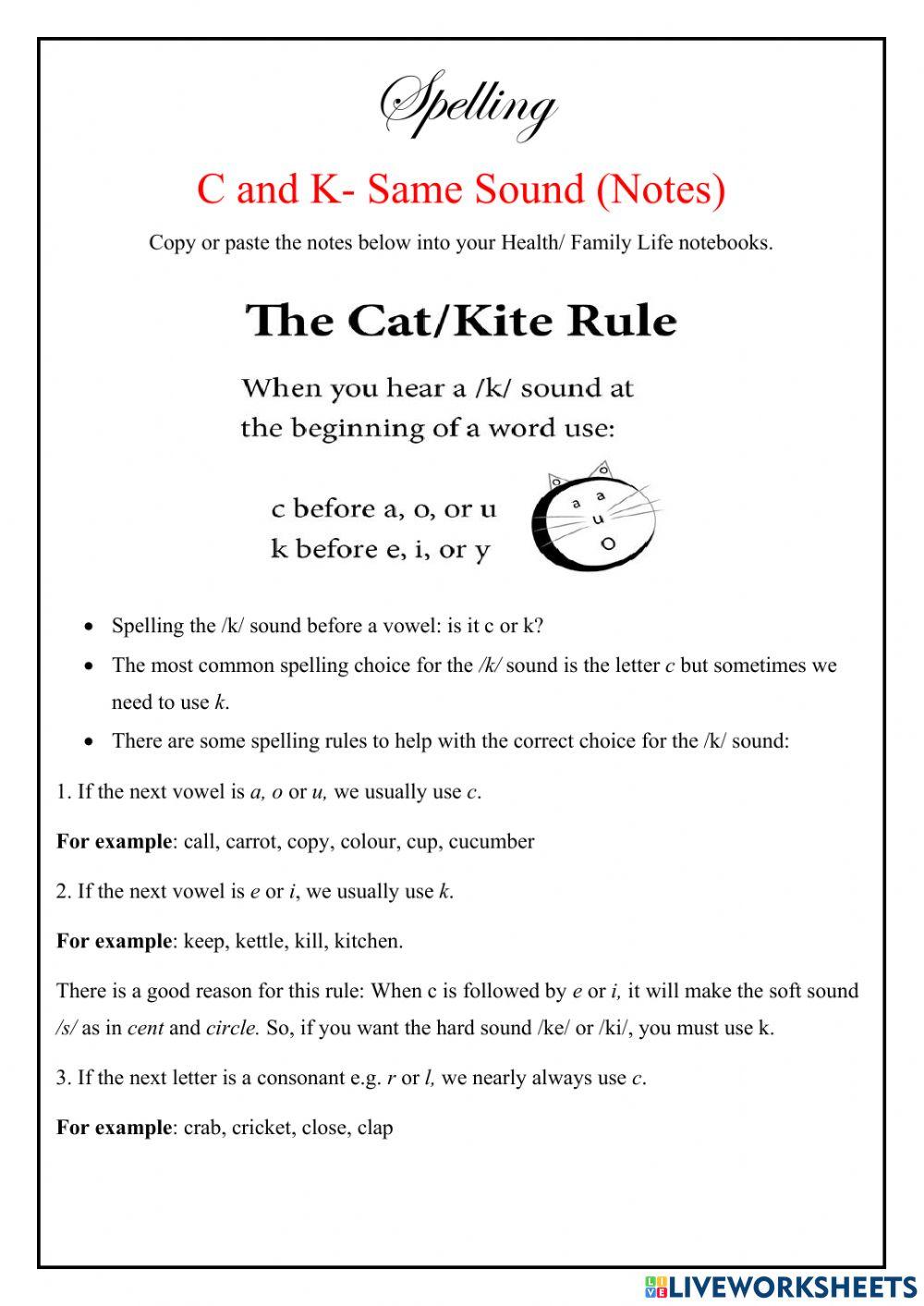 C and K same sound worksheet | Live Worksheets