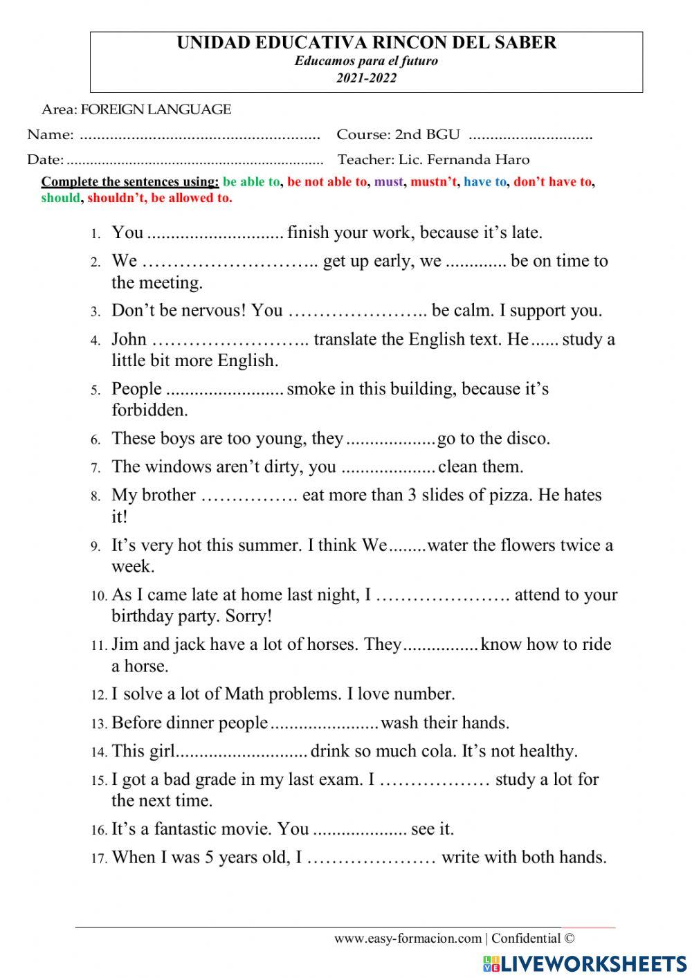 Modal verbs online exercise for 11 grade | Live Worksheets