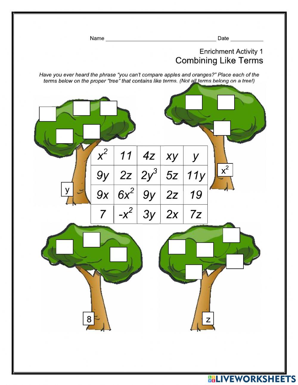 Combine Like Terms Tree Activity 3885512 | shelean young
