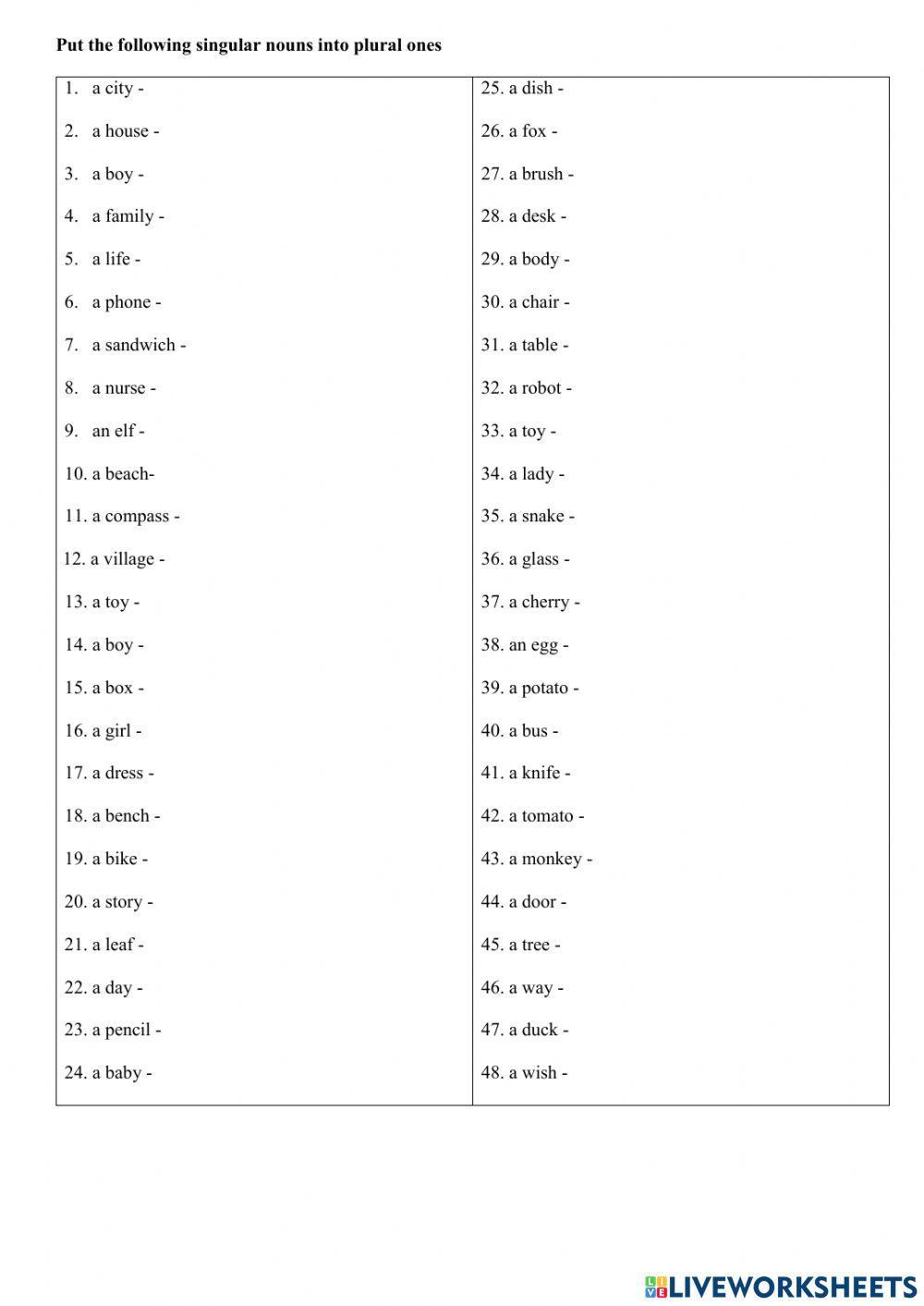 Plural nouns | Free Interactive Worksheets | 1378818