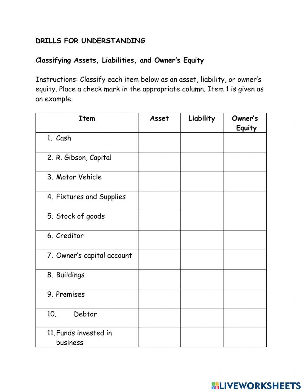 ASSETS-LIABILIGTIES-CAPITAL online exercise for | Live Worksheets