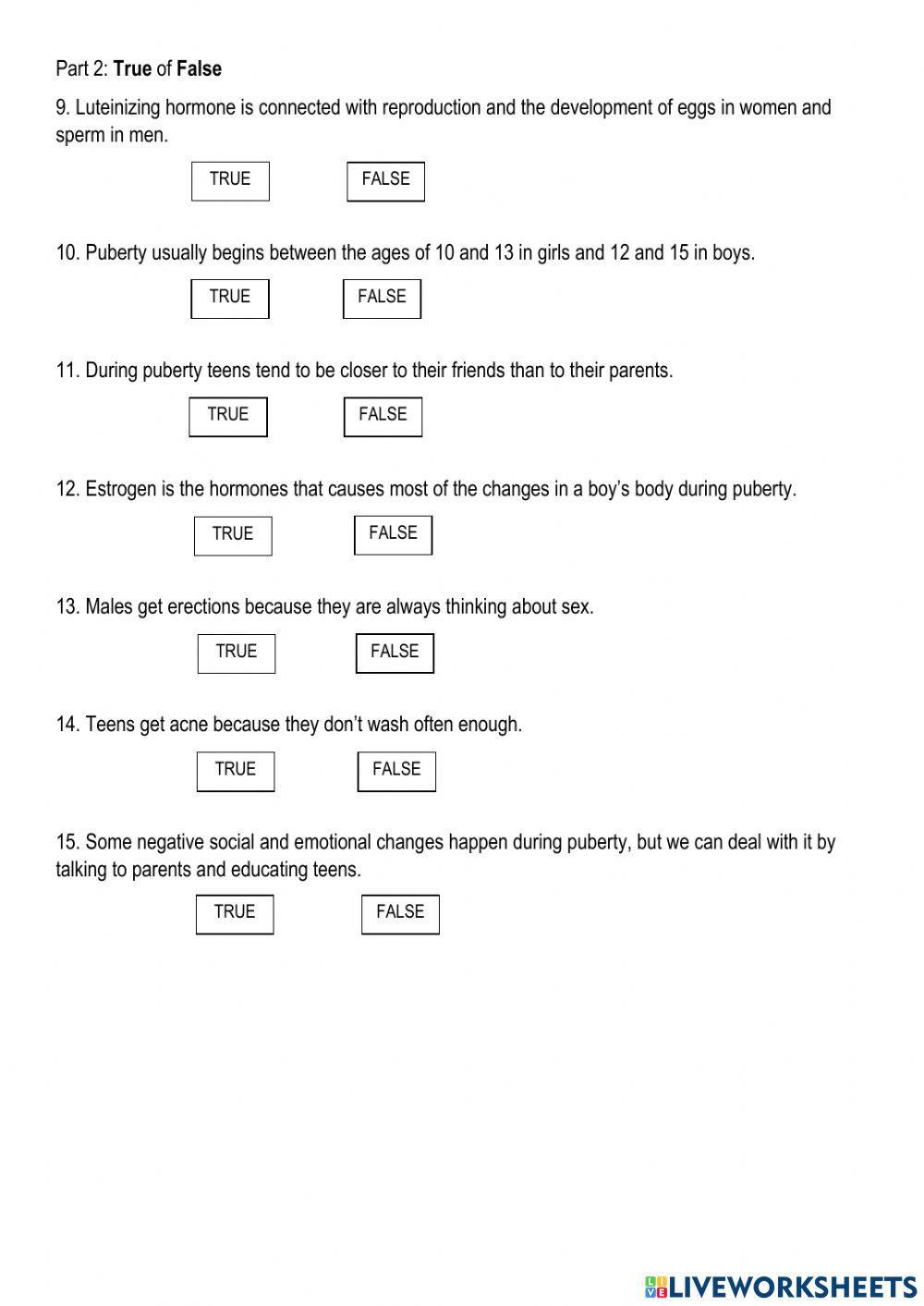 Puberty | Free Interactive Worksheets | 1379770