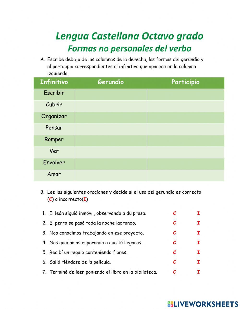 Ejercicio de infinitivo, gerundio y participio online exercise for ...