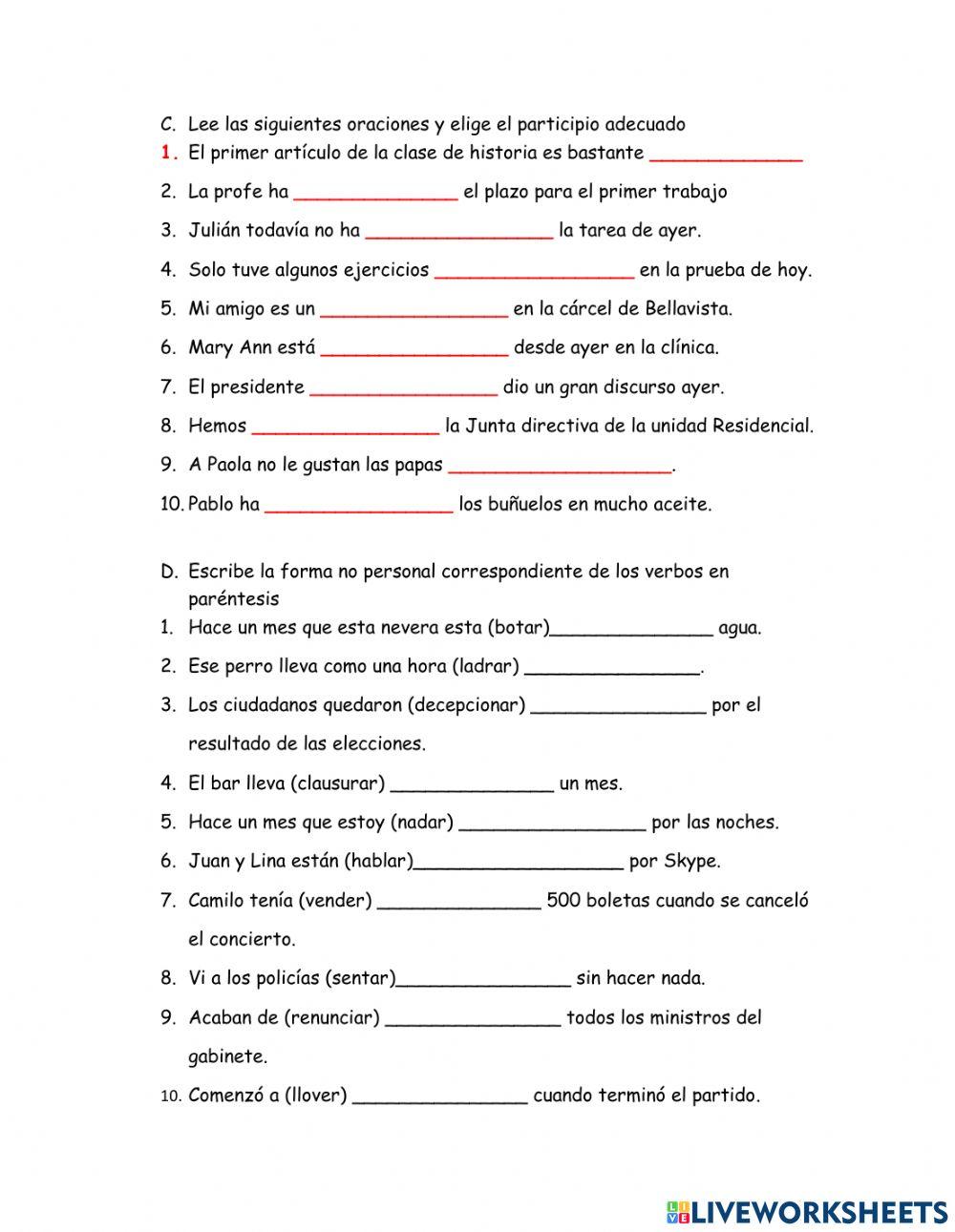 Ejercicio de infinitivo, gerundio y participio online exercise for ...