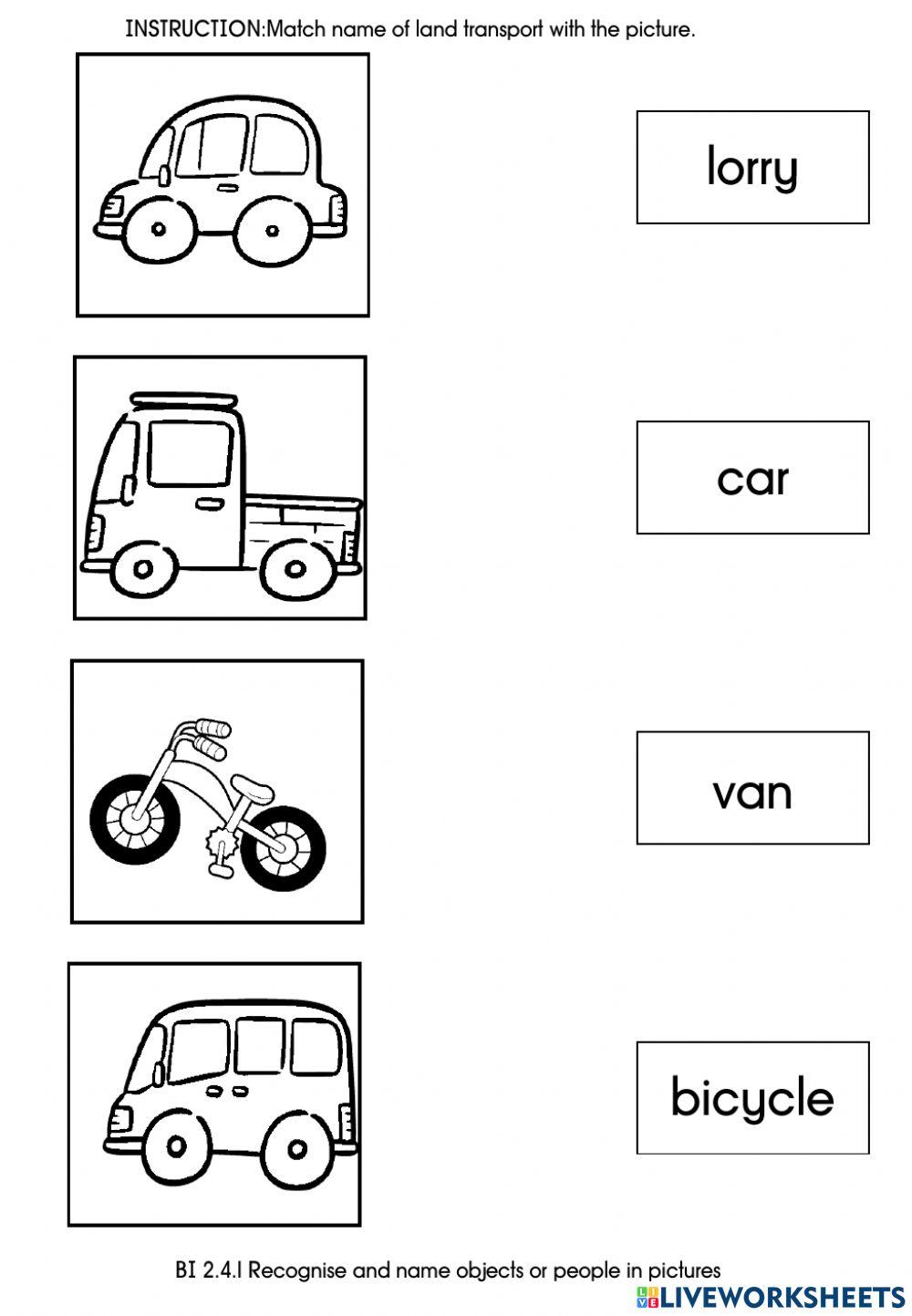 Recognise name of transport worksheet | Live Worksheets
