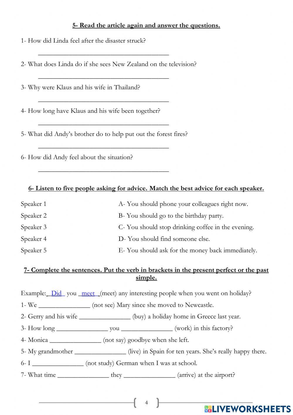 Repaso Should, Conditionals 1 - 2, Past Simple, Present Perfect ...