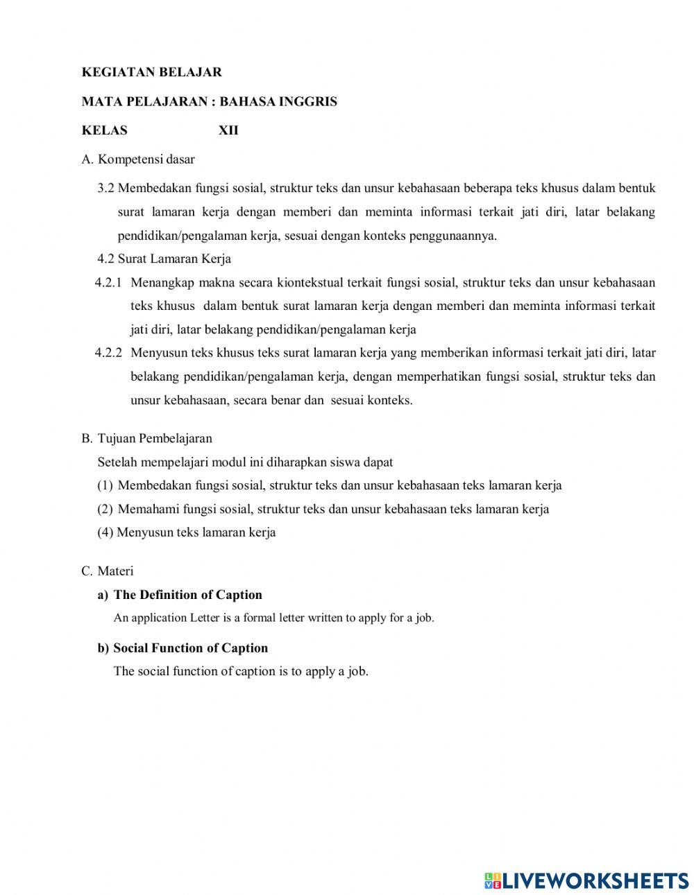 Application Letter online worksheet for 12 | Live Worksheets