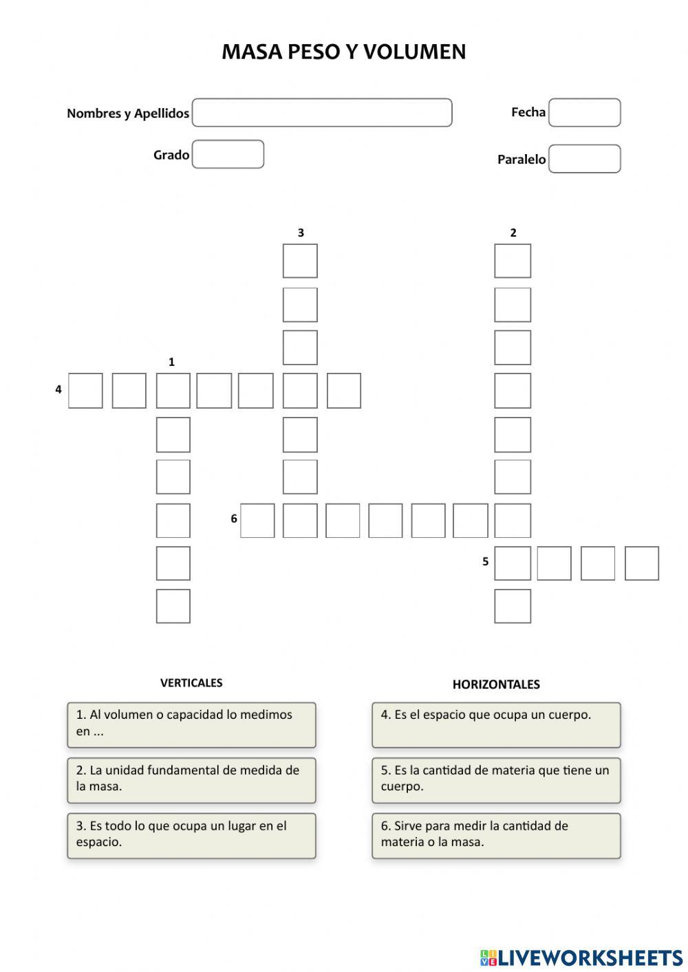 MASA PESO Y VOLUMEN online exercise for | Live Worksheets