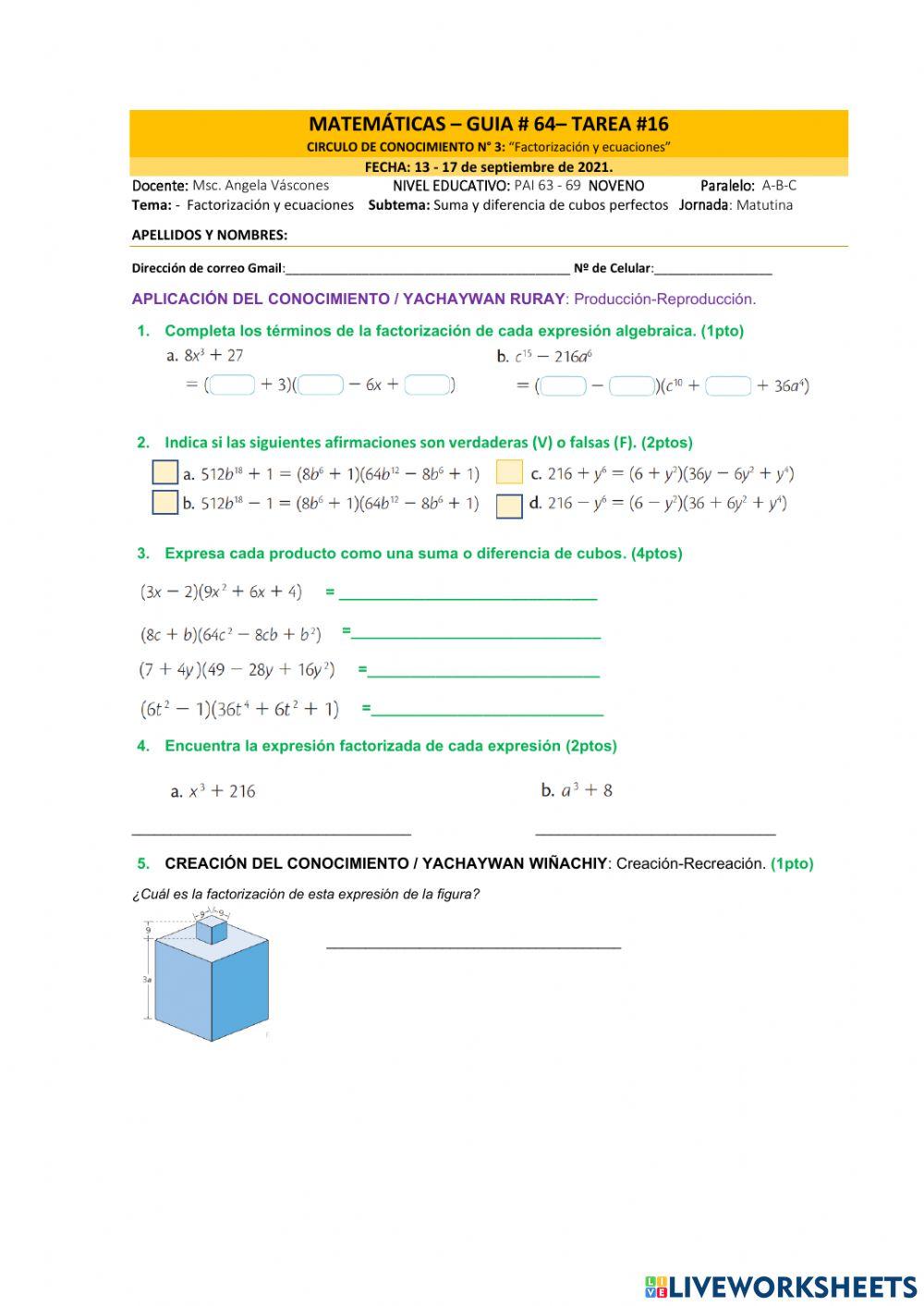 Suma y diferencia de cubos perfectos worksheet | Live Worksheets