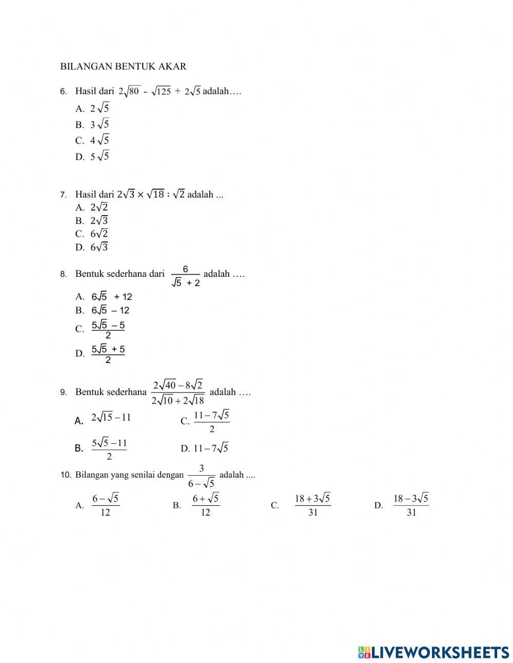 Pangkat dan Akar online worksheet | Live Worksheets