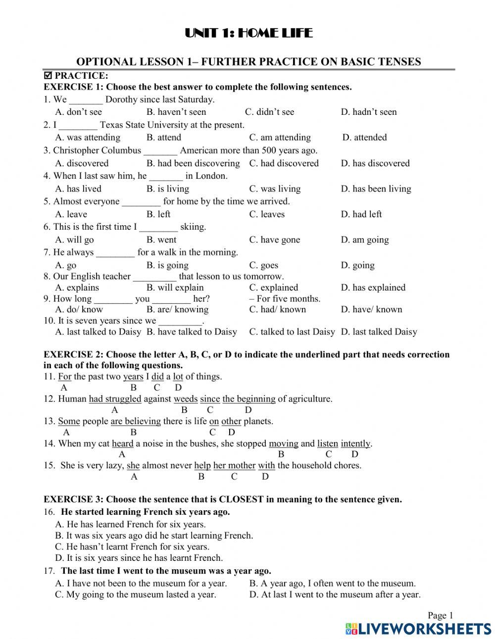 Further practice on tenses worksheet | Live Worksheets