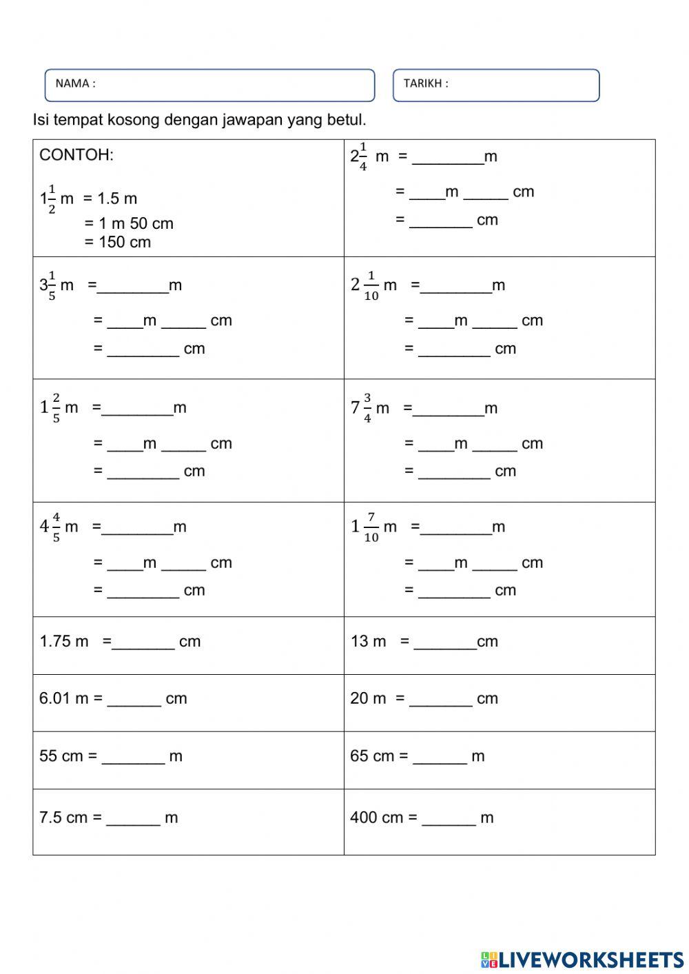 Tukar Unit Panjang worksheet for Tahun 5 | Live Worksheets