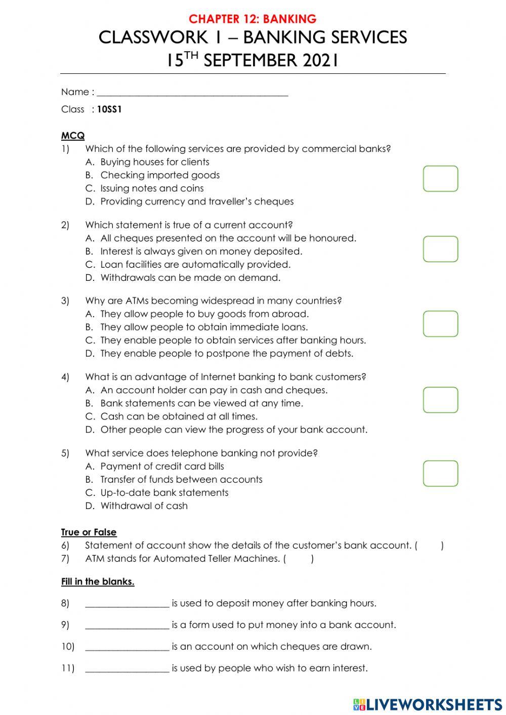 Classwork 1 - Banking Services online exercise for | Live Worksheets