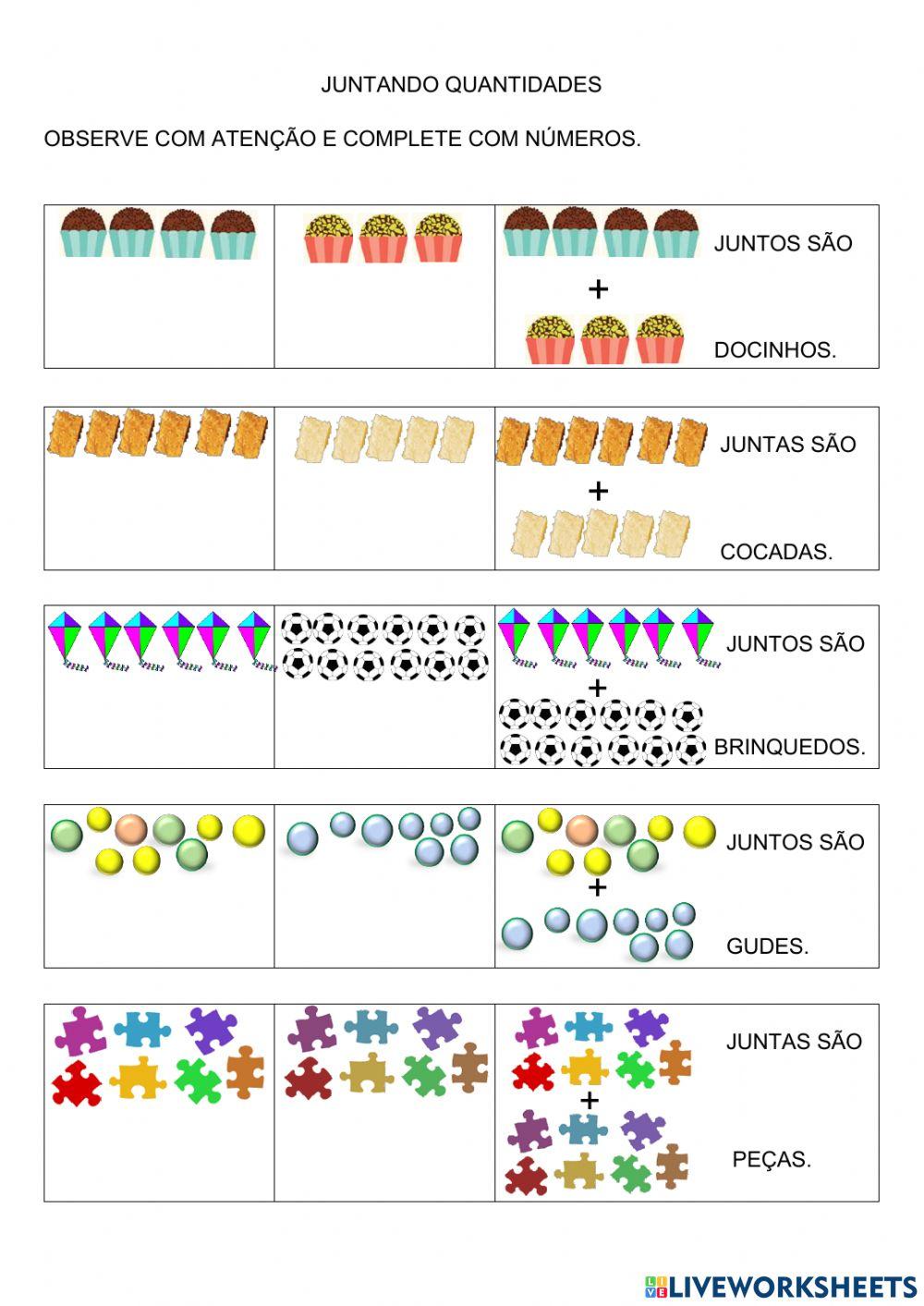 JUNTANDO QUANTIDADES worksheet | Live Worksheets