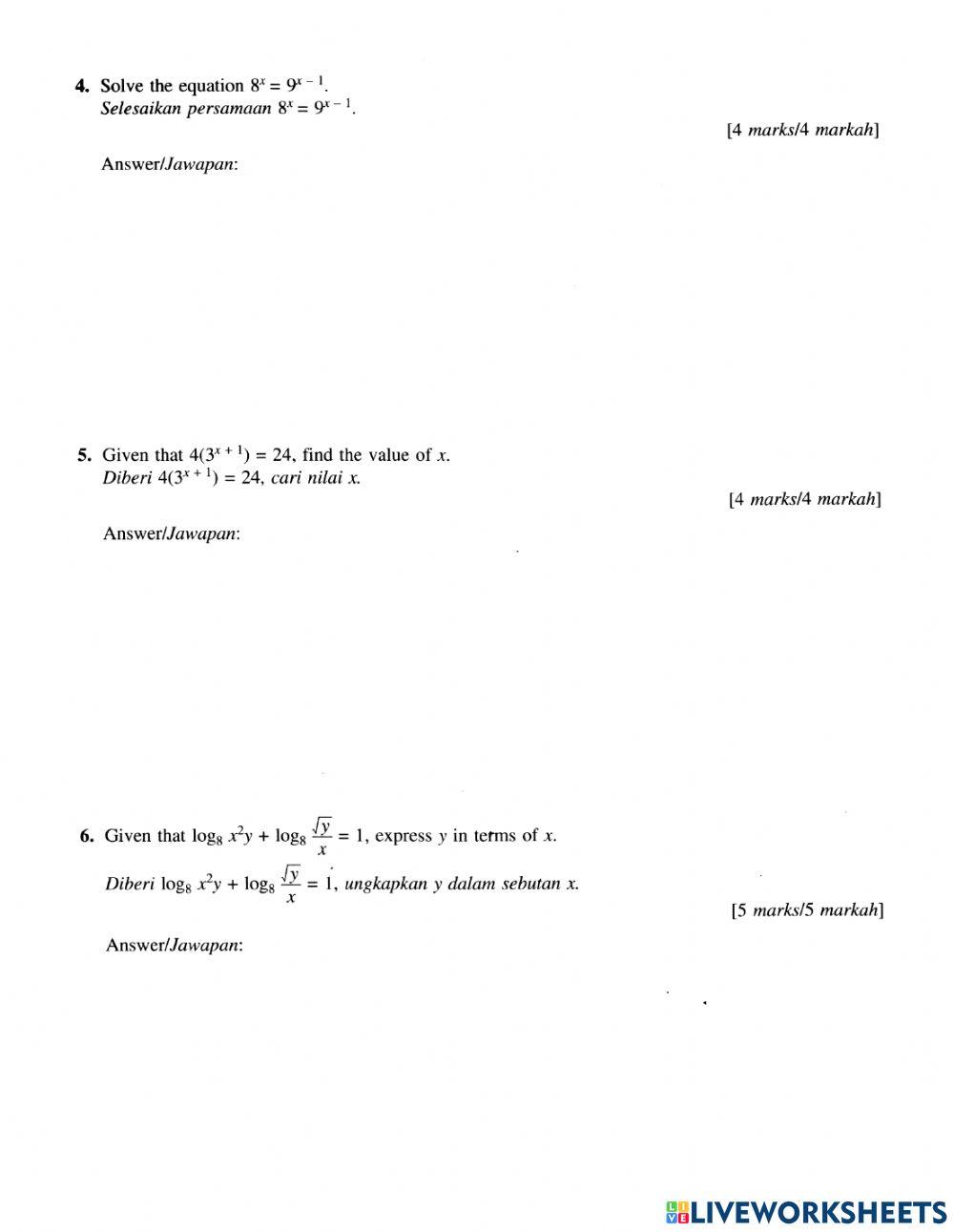 Chapter 4 : Indices,Surds and Logarithms (Revision) online exercise for ...