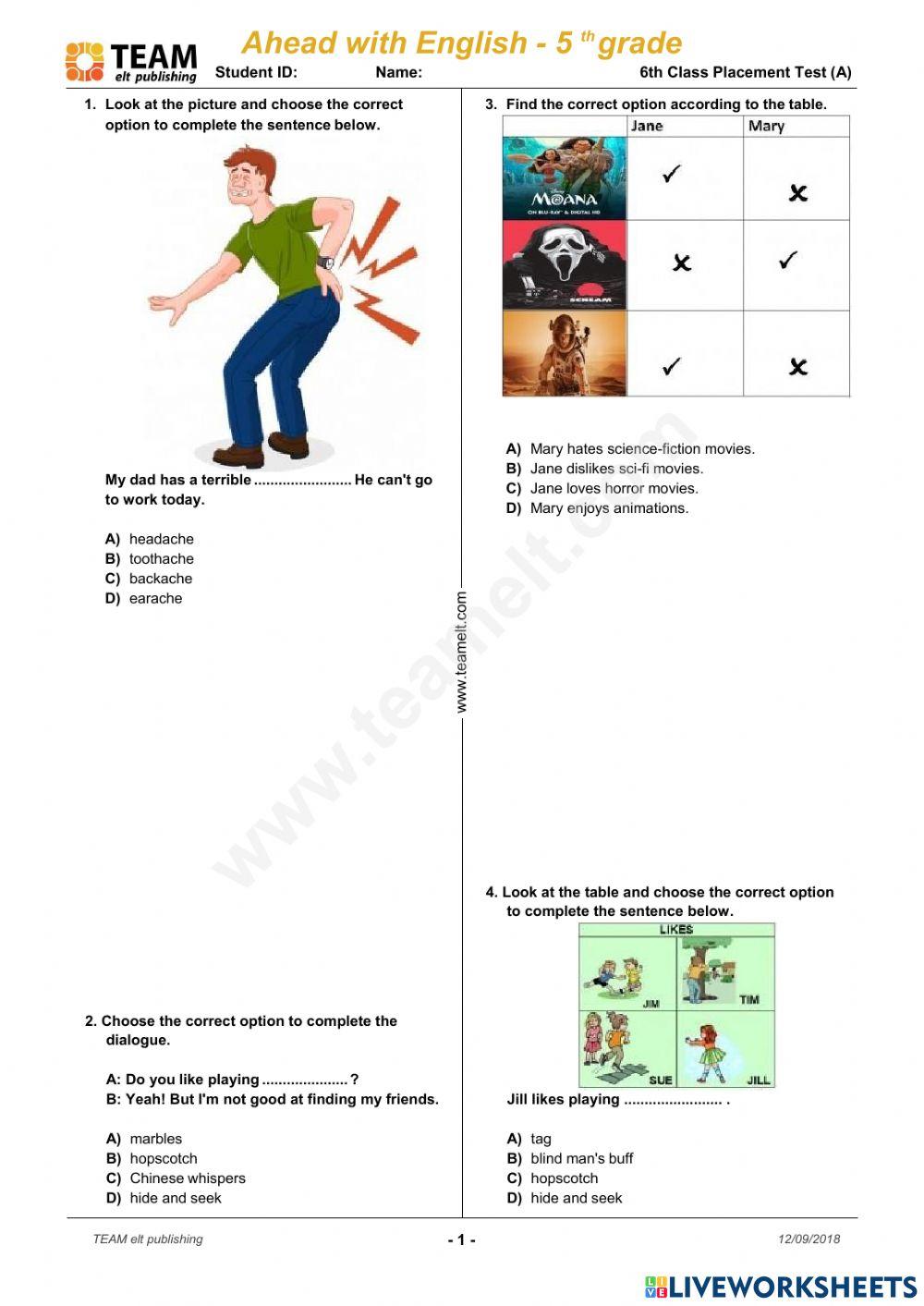 grade school placement test