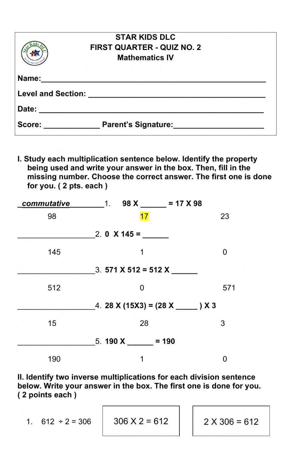 1st Quarter - Quiz no.2 in Math 4 worksheet | Live Worksheets