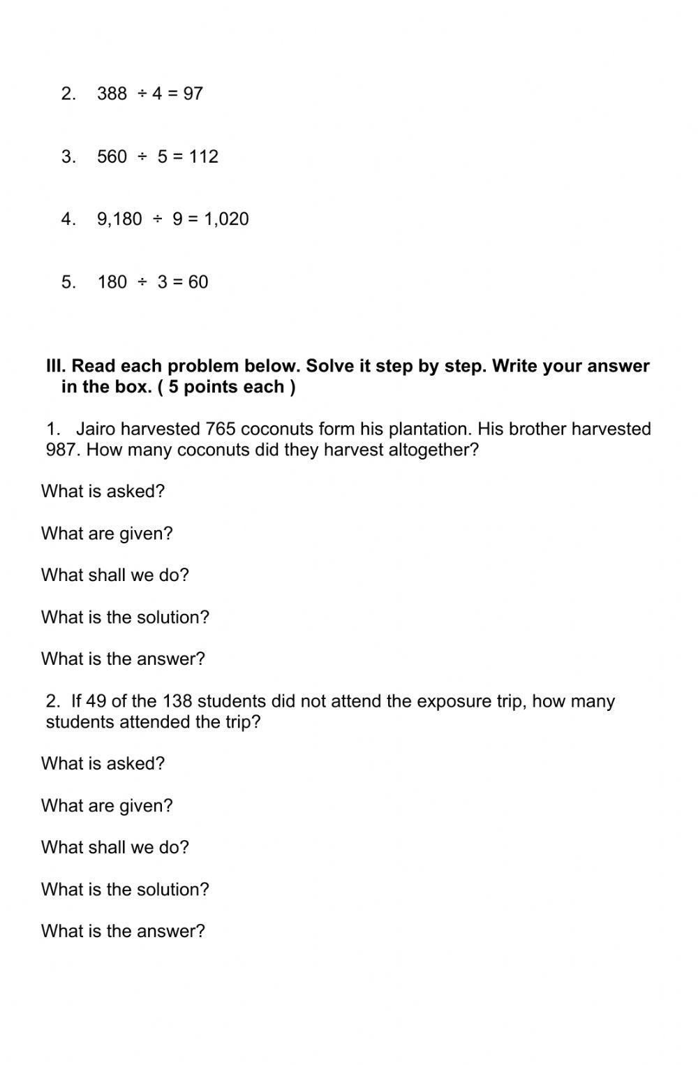 1st Quarter - Quiz no.2 in Math 4 worksheet | Live Worksheets